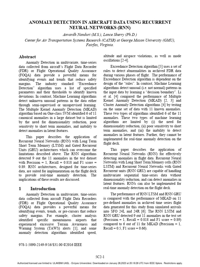 Anomaly Detection in Aircraft Data Using Recurrent Neural Networks RNN ...