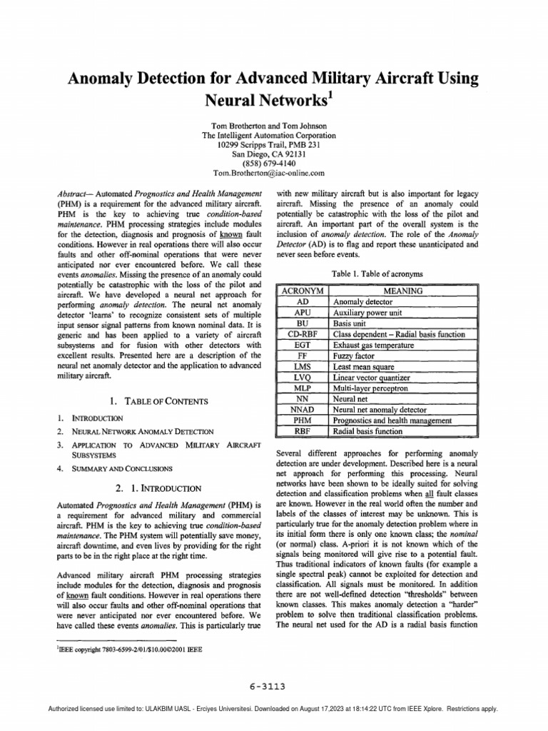 Anomaly Detection For Advanced Military Aircraft Using Neural Networks | PDF