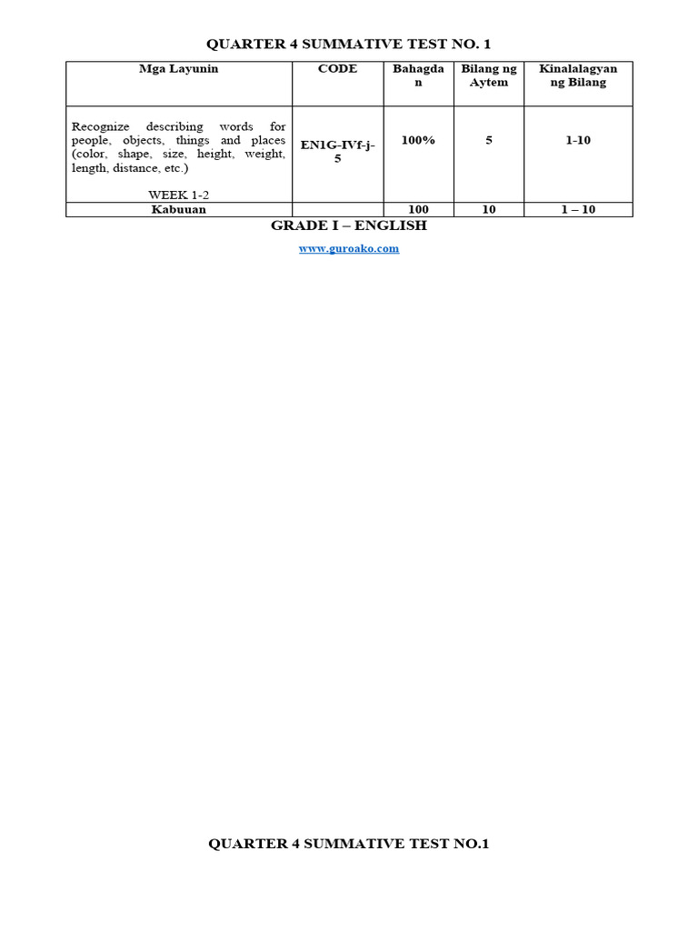 Q4 ST 1 GR.1 English With Tos | PDF