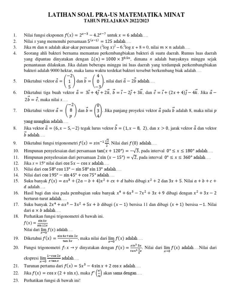 Latihan Soal Pra-US Matematika Minat Kelas XII 2223 | PDF