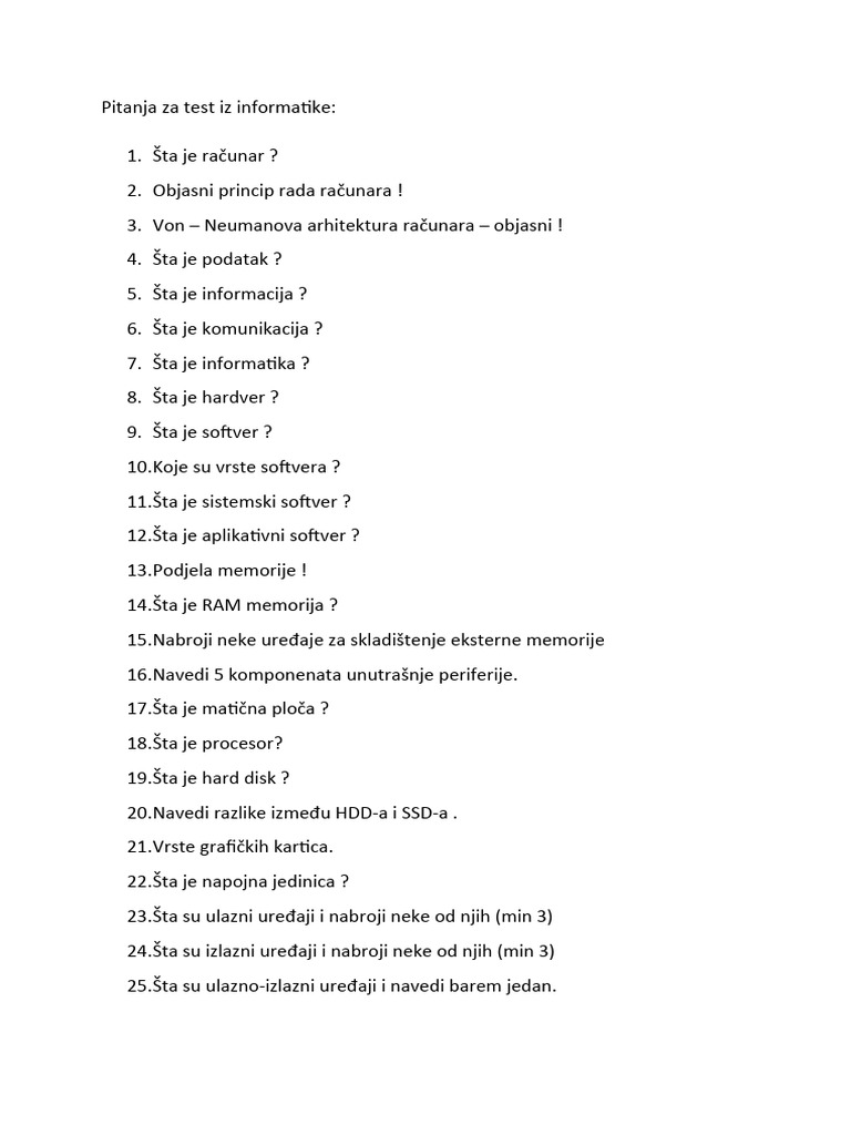 Pitanja Za Test Iz Informatike | PDF