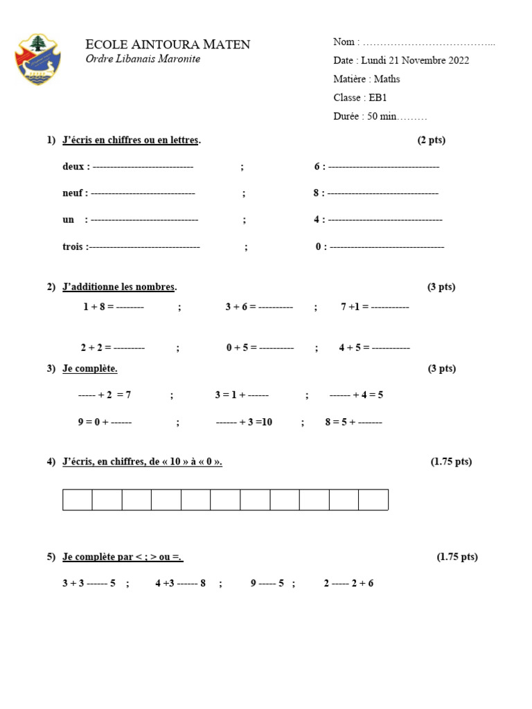 Contrôle 1 Maths EB1 | PDF