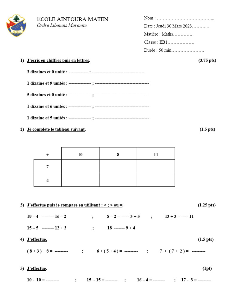 Contrôle 2 Maths EB1 | PDF