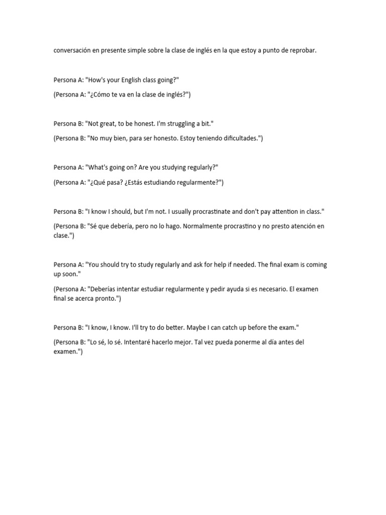 Conversación en Presente Simple Sobre La Clase de Inglés en La Que ...
