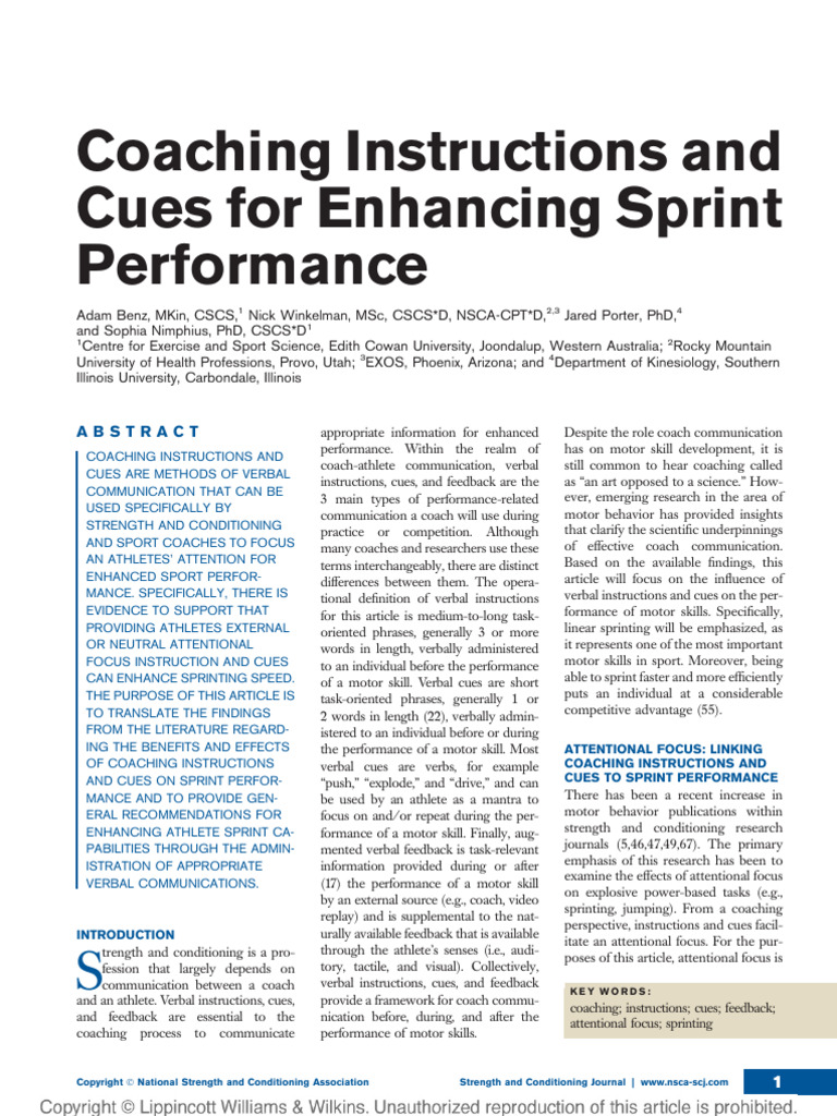 Benz Et Al. (2016) Coaching Cues For Sprint Performance | PDF | Attention | Communication