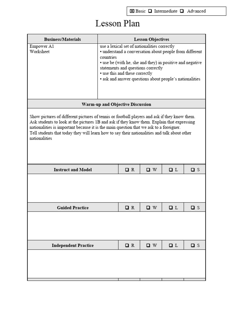Nationalities Lesson Plan for A1 Students | PDF | Career & Growth ...