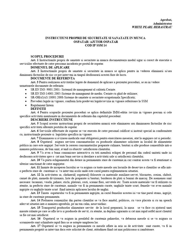 IP 14 Instructiuni Proprii Ospatar | PDF