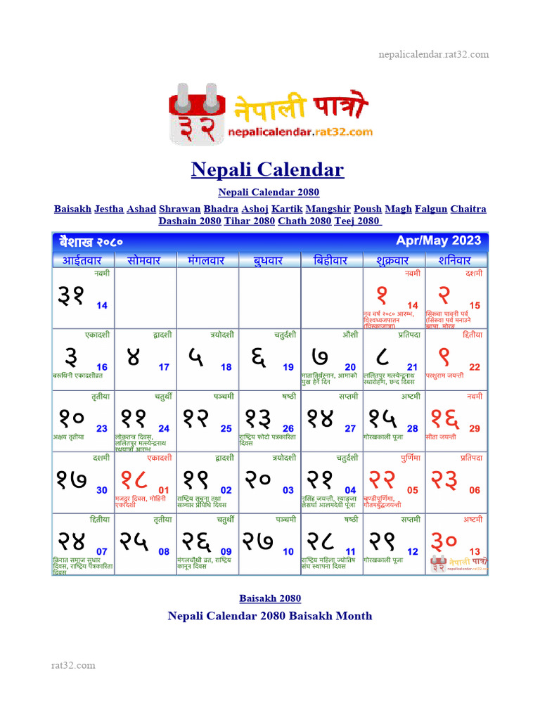 Nepali Calendar 2080 Overview | PDF