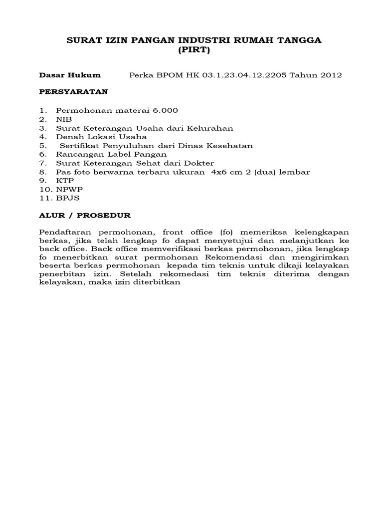 Contoh Surat Izin PIRT dan Persyaratannya | PDF | Bisnis | Hukum