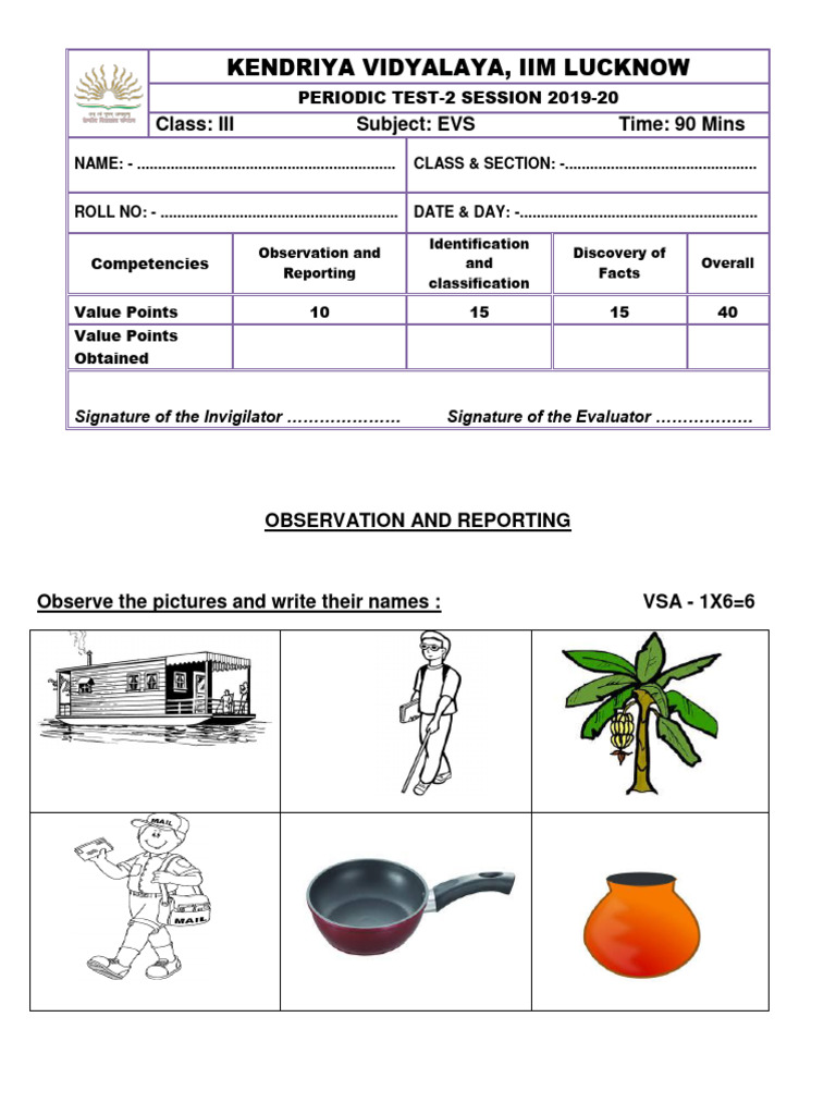 KV Class 3 Half Yearly Previous Year EVS Question Paper 2019 | PDF ...