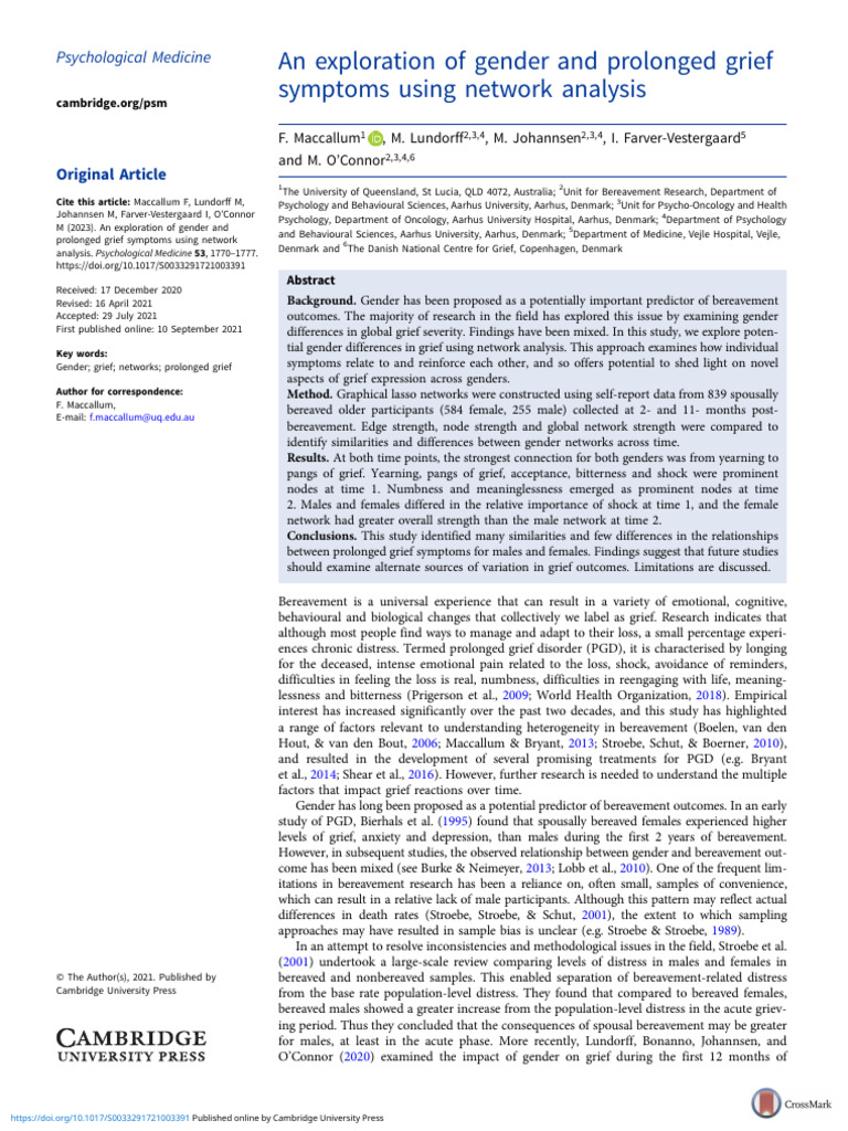 An Exploration of Gender and Prolonged Grief Symptoms Using Network Analysis | PDF | Grief ...