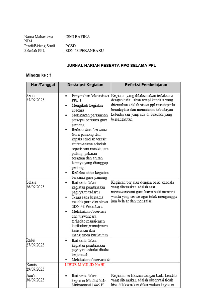 PPL_Lampiran 9. Contoh Jurnal Harian-ok | PDF