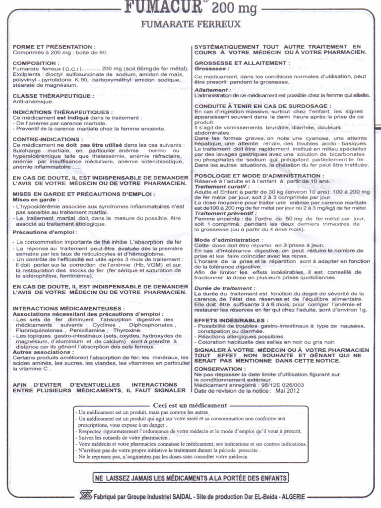 Fumacur 200 mg : Indications et Posologie | PDF | Anémie | Magnésium