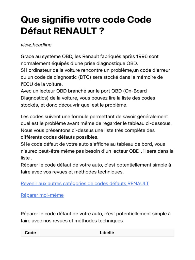 Codes défauts Renault : Guide complet | PDF | Voitures | Véhicules à roues