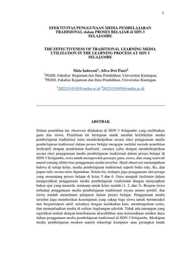 EFEKTIVITAS PENGGUNAAN MEDIA PEMBELAJARAN TRADISIONAL Dalam PROSES BELAJAR | PDF