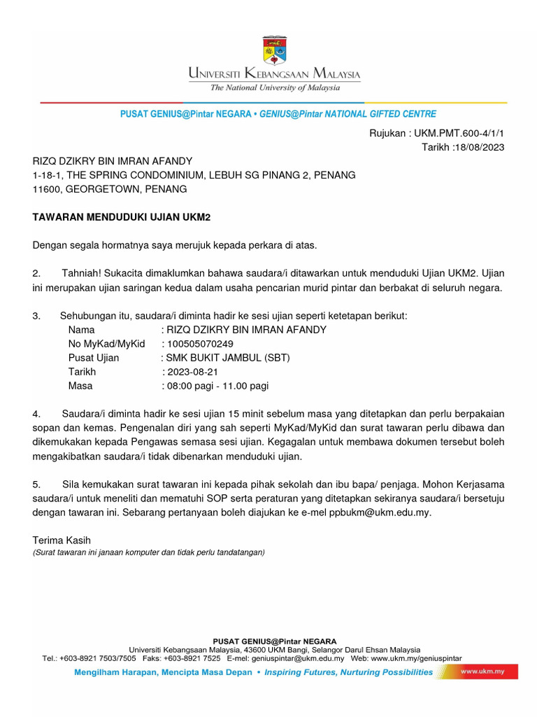 Surat Tawaran Ukm2 20230818 - 1934 100505070249 | PDF