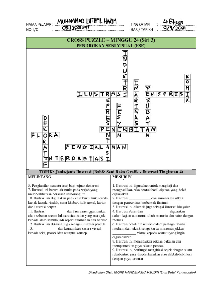Cross Puzzle - Minggu 24 (Siri 3) : Pendidikan Seni Visual (Pse) | PDF