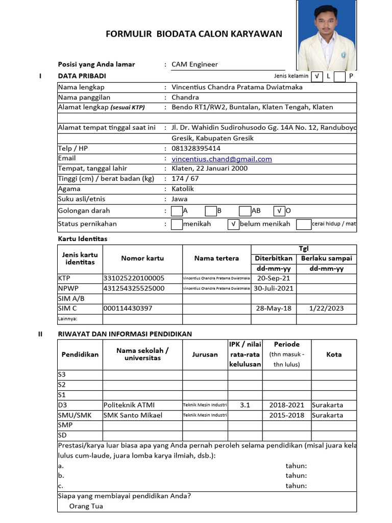 Biodata Calon Karyawan 2022 v.01 | PDF