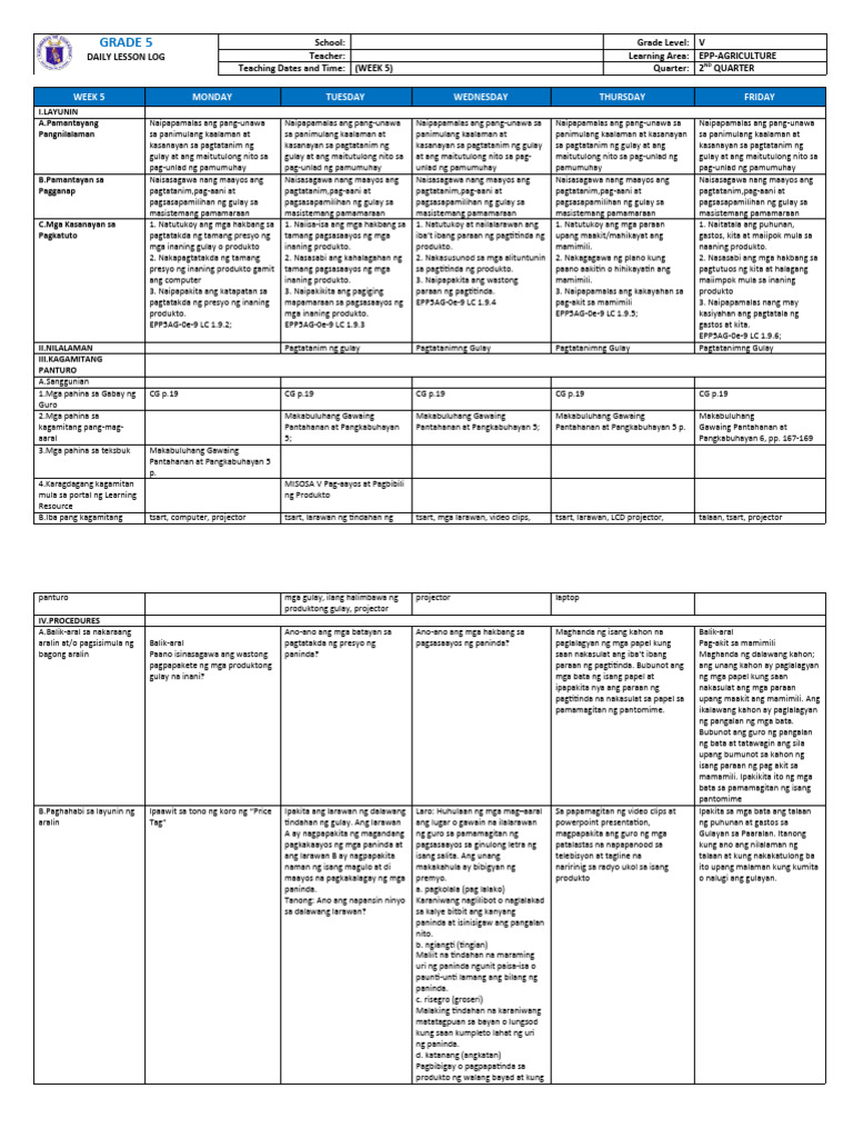 Dll G5 Q2 Week 5 All Subjects Mam Inkay Peralta Pdf