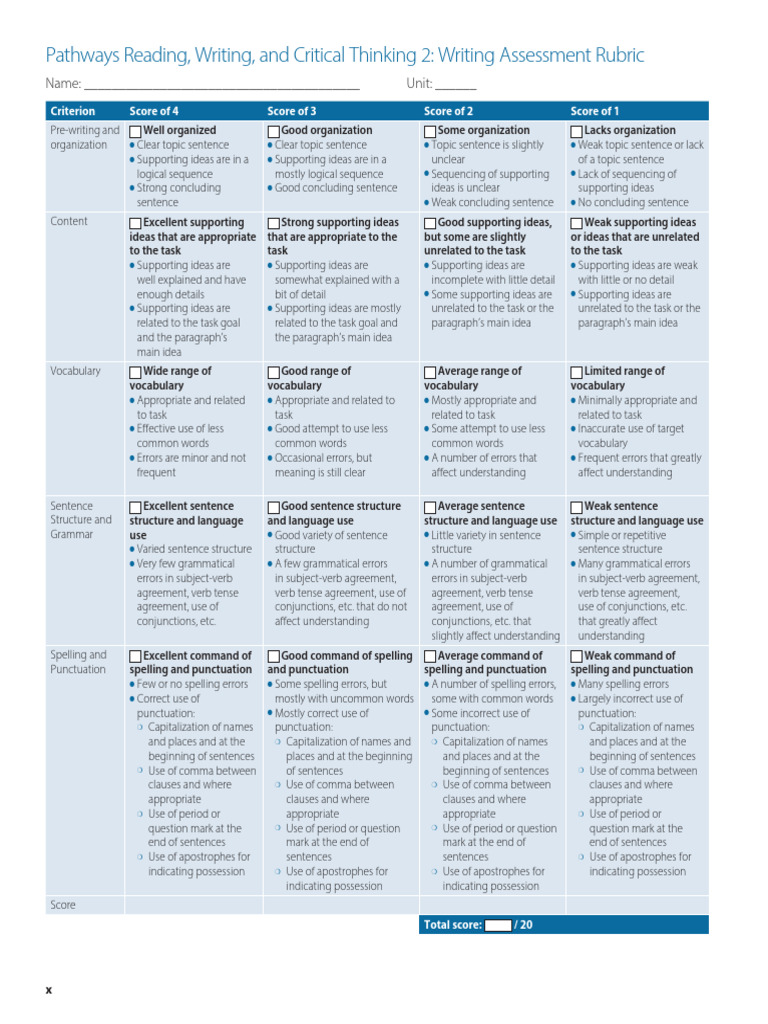Pathways RW Level 2 Writing Rubrics | PDF | Punctuation | Comma
