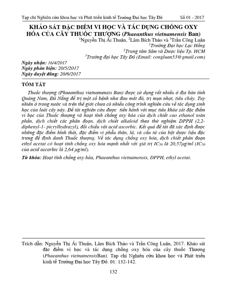 Khảo sát đặc điểm vi học và tác dụng chống OXH của cây thuốc Thượng | PDF