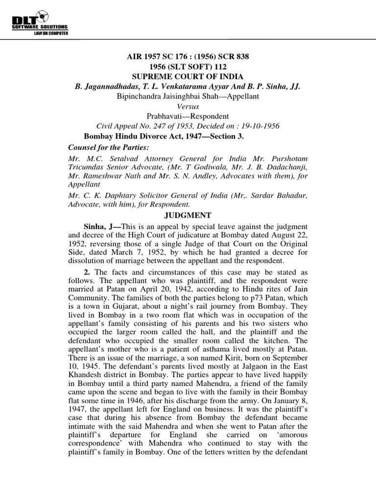 Bipinchandra V Prabhavati 112 SLT 1956 | PDF