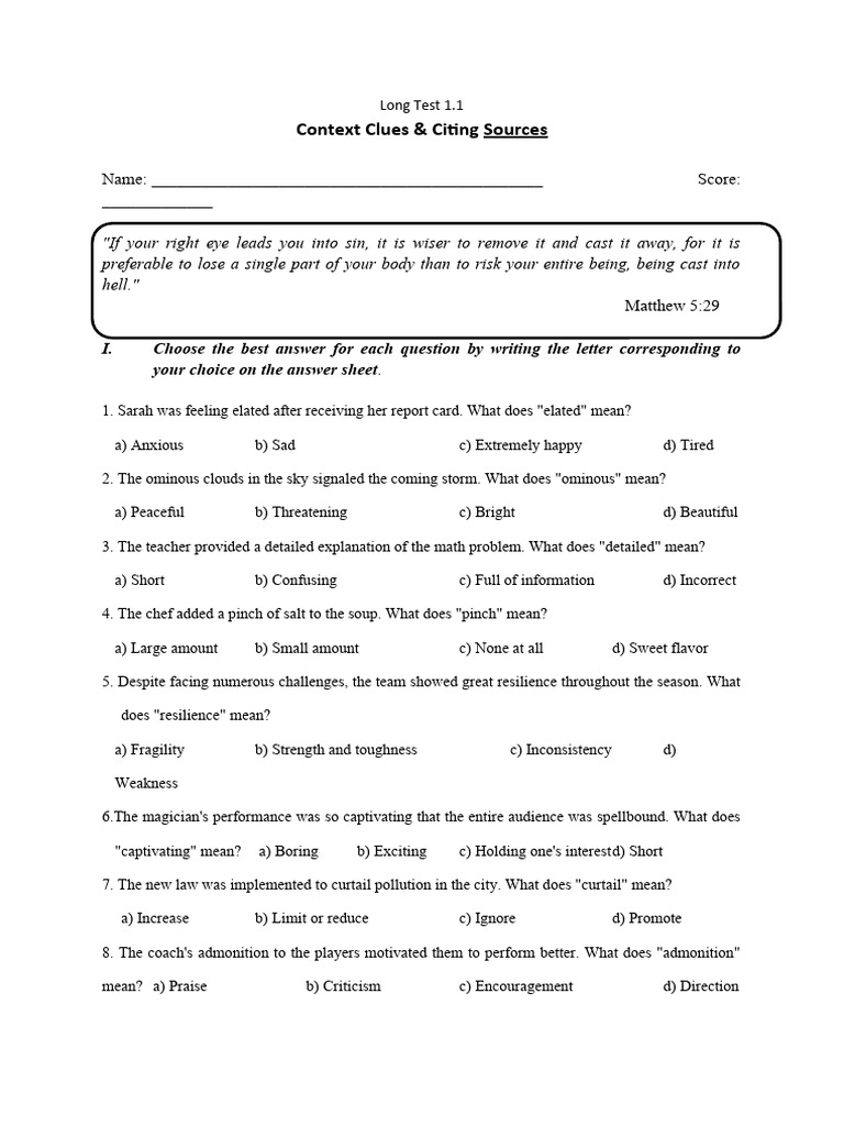 Context Clues Test 1.1 | PDF