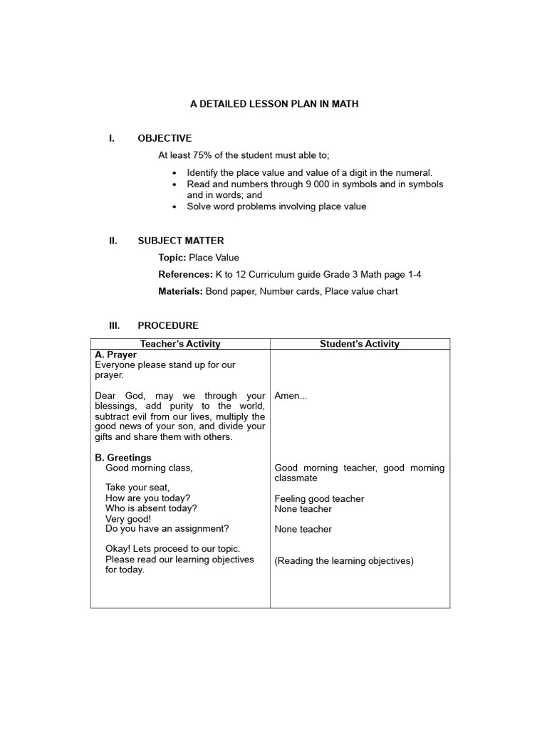 Grade 3 Place Value Lesson Plan | PDF | Teachers | Lesson Plan