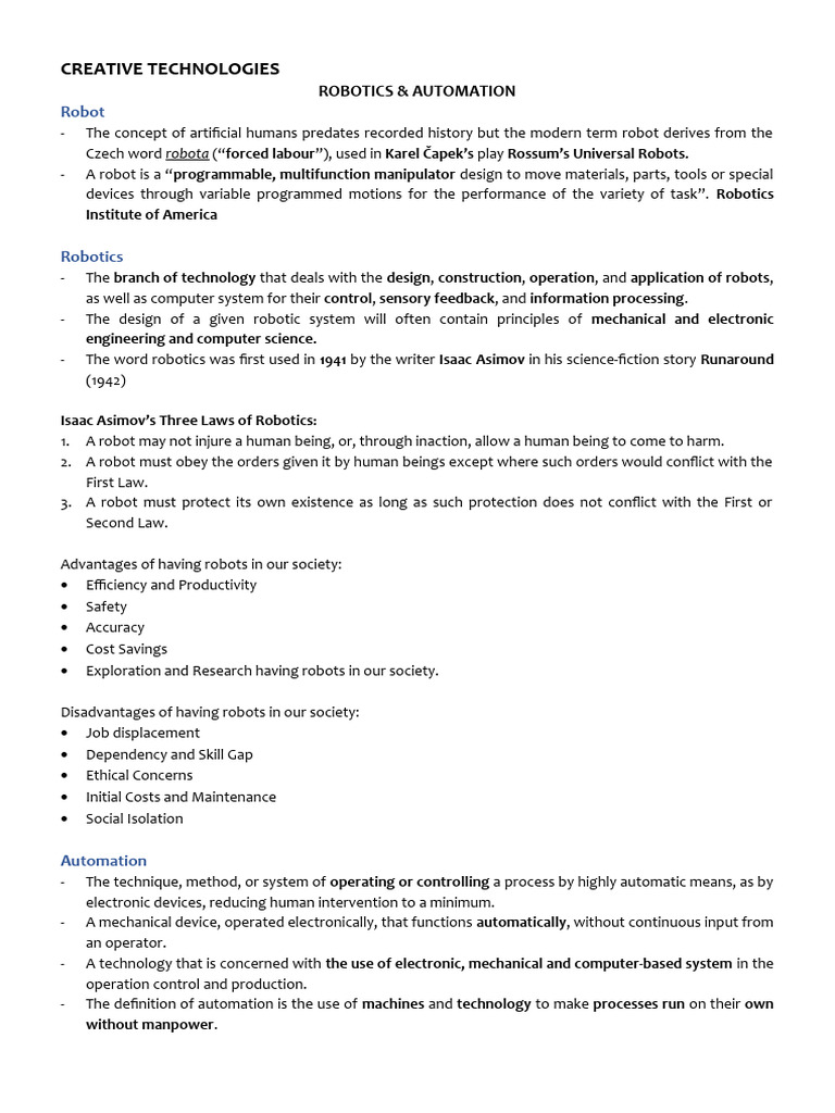 CREATIVE TECHNOLOGIES Notes | PDF | Robot | Robotics