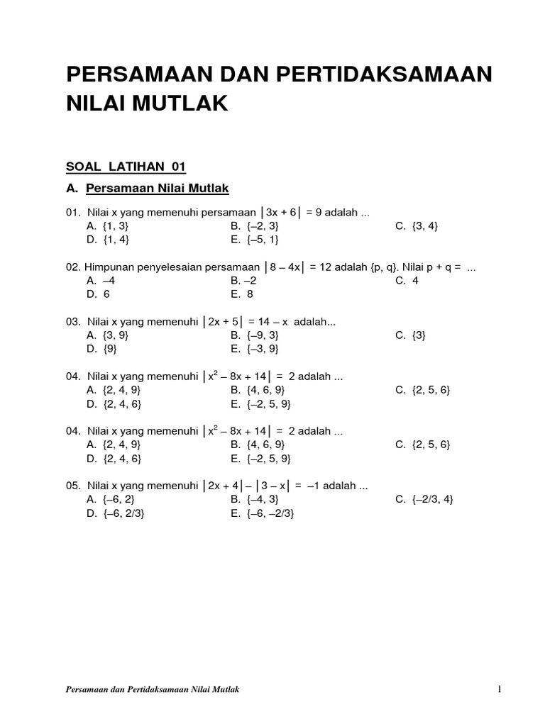 Soal Latihan Nilai Mutlak | PDF | Sains & Matematika