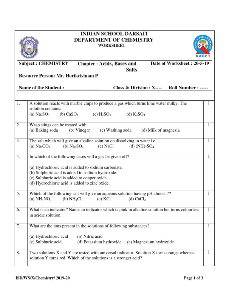 Chemistry Worksheet: Acids, Bases, Salts | PDF | Science & Mathematics