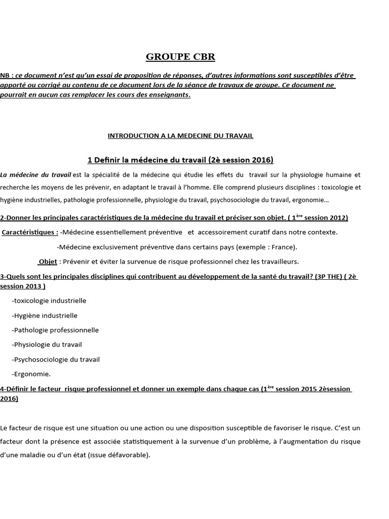Groupe CBR Medecine de Travail Apres Correction | PDF | Bien-être ...