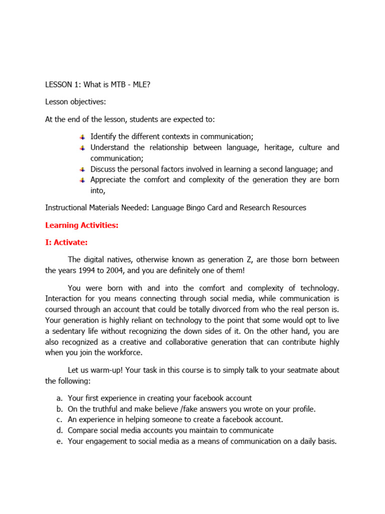 MTB Lesson 1 | PDF | Learning | Second Language