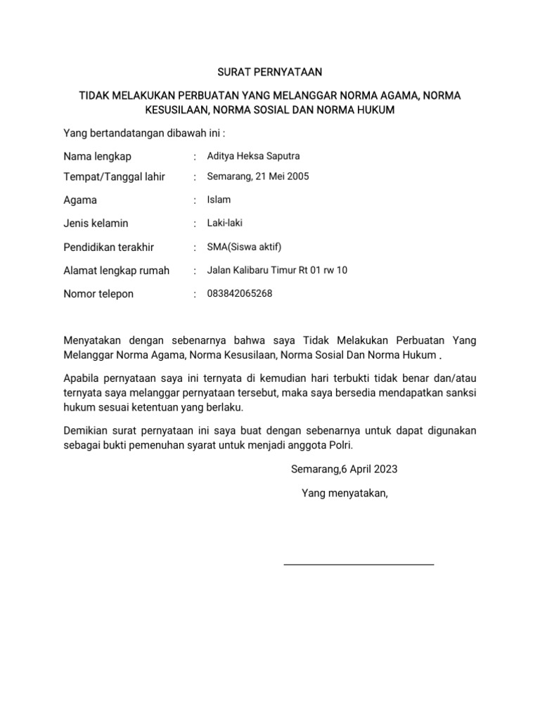 Surat Pernyataan Tidak Melakukan Perbuatan Asusila | PDF