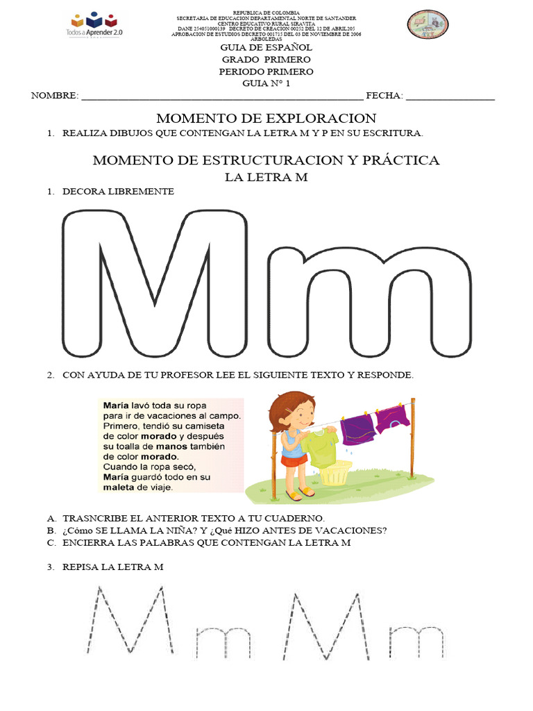 Español Grado 1 Pperiodo 1 Guia #1 2023 (Letra M P) | PDF