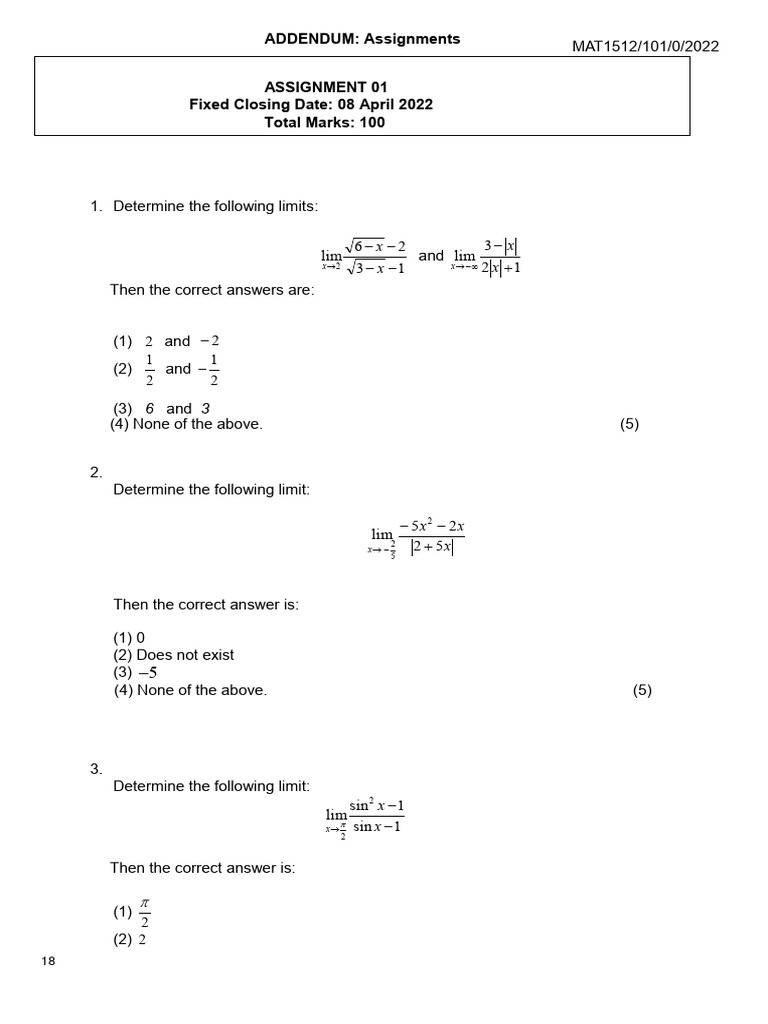 MAT1512 TL101 0 2022 Assignment1 | PDF
