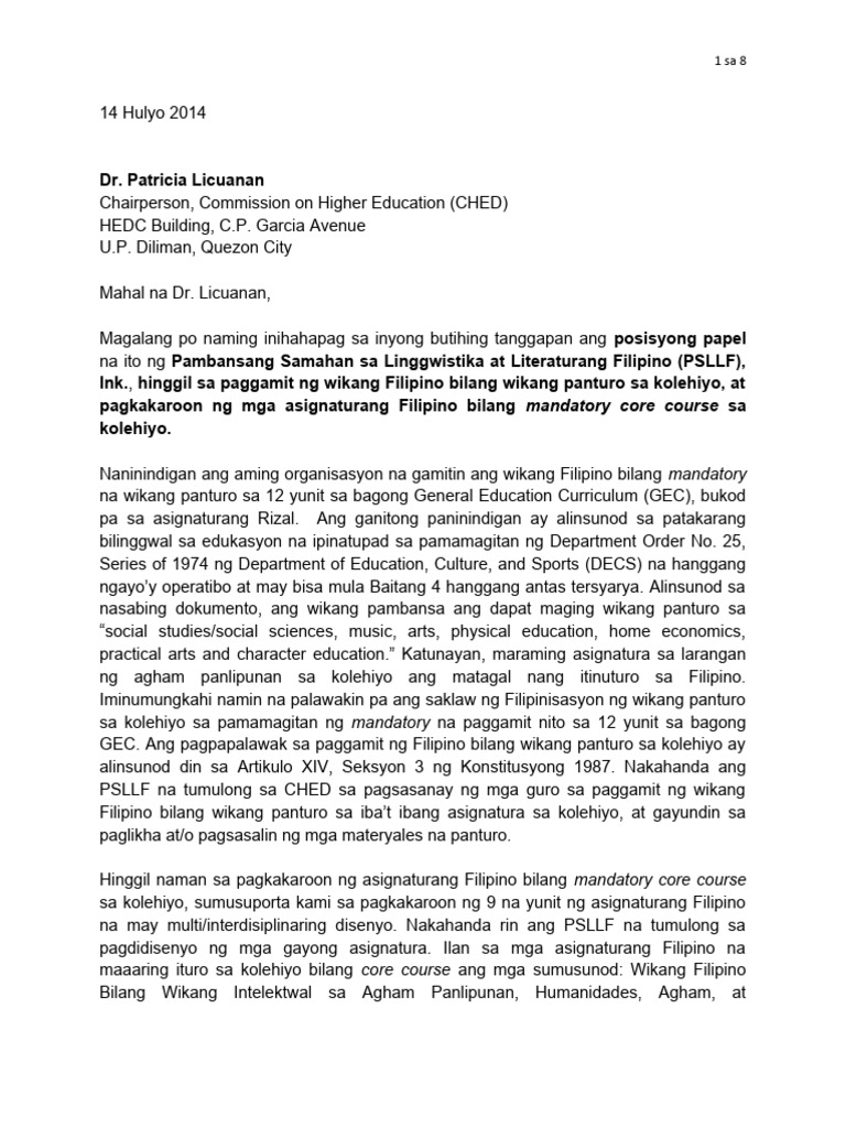 Posisyong Papel NG Pambansang Samahan Sa Linggwistikang at Literaturang ... Posisyong Papel NG Pambansang Samahan Sa Linggwistikang at Literaturang ...