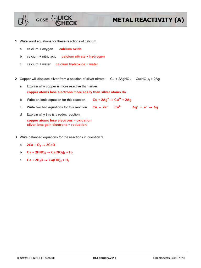 Calcium and Copper Reaction Equations | PDF