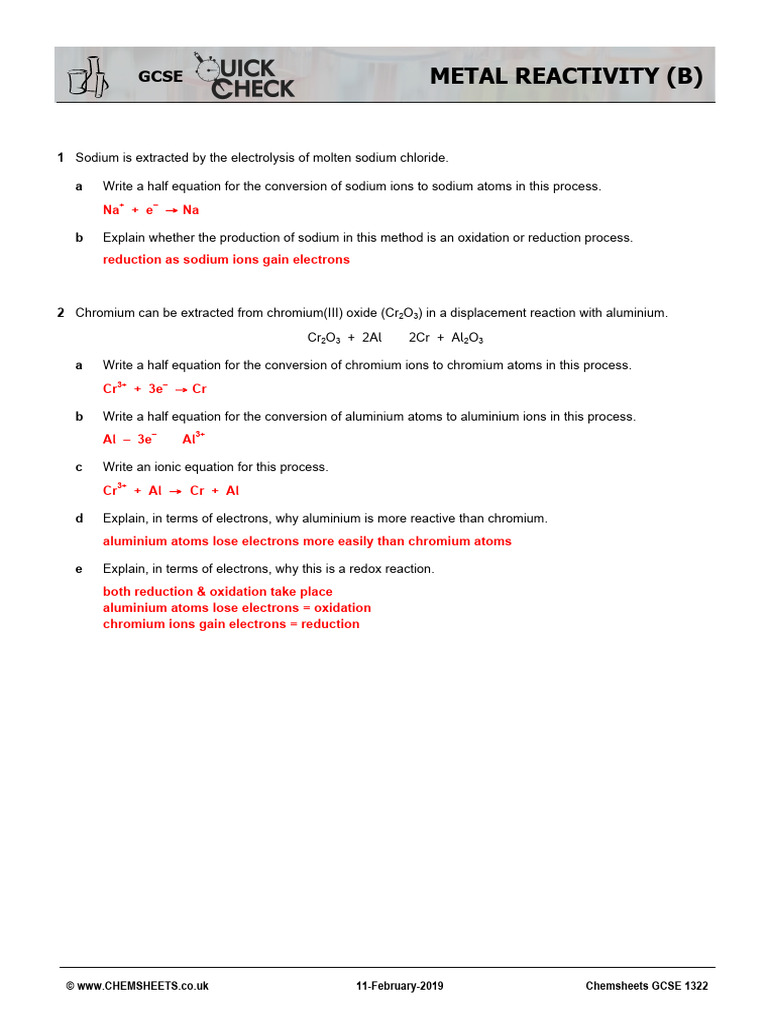 Chemsheets Gcse 1322 Qc Metal Reactivity B Ans Pdf