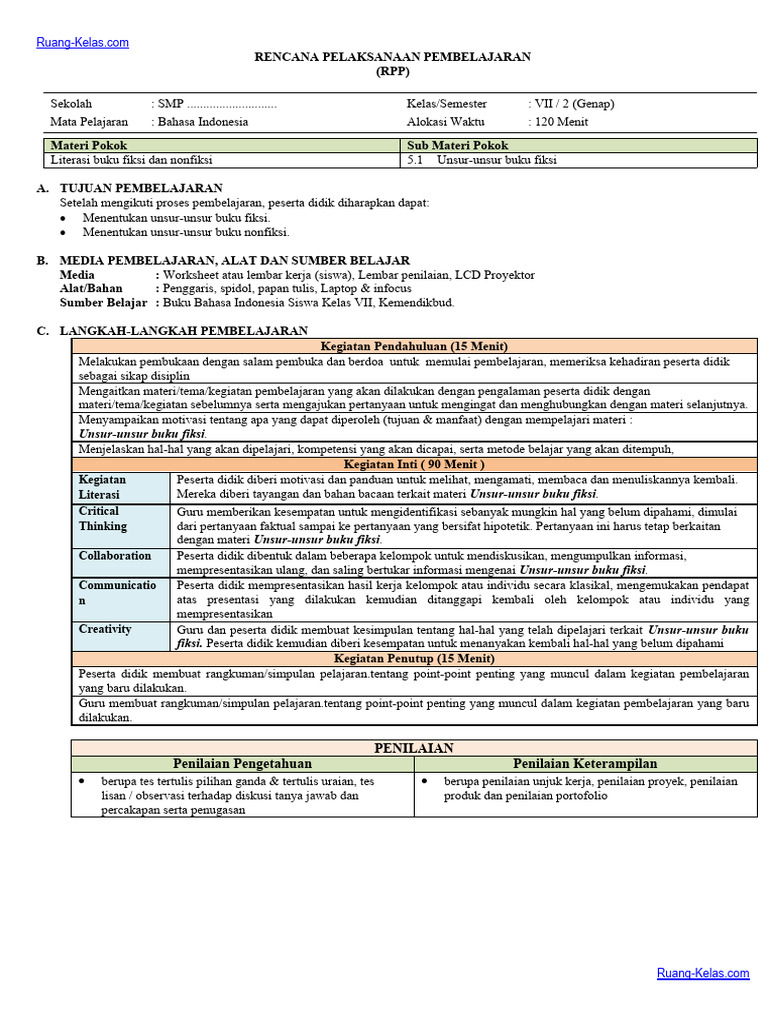 RPP 1 Lembar Bahasa Indonesia Kelas 7 Semester 2 | PDF