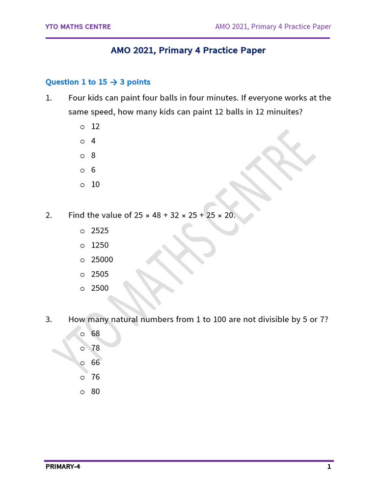 AMO 2021 Primary 4 Practice Paper | PDF