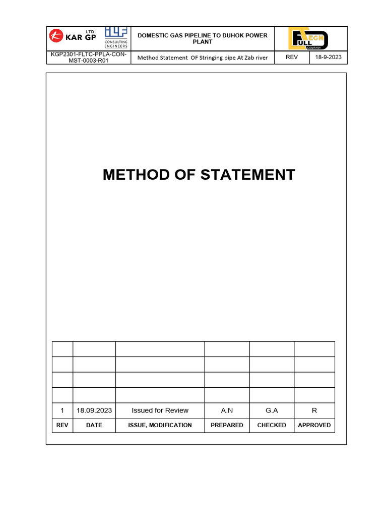 KGP2301‐FLTC‐PPLA‐CON‐MST‐0003-R01 METHOD STATEMENT - OF pipe stringing | PDF | Pipe (Fluid ...
