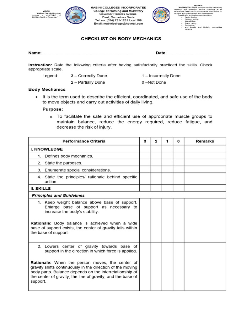 Body Mechanics Checklist 1 | PDF | Anatomical Terms Of Motion | Foot