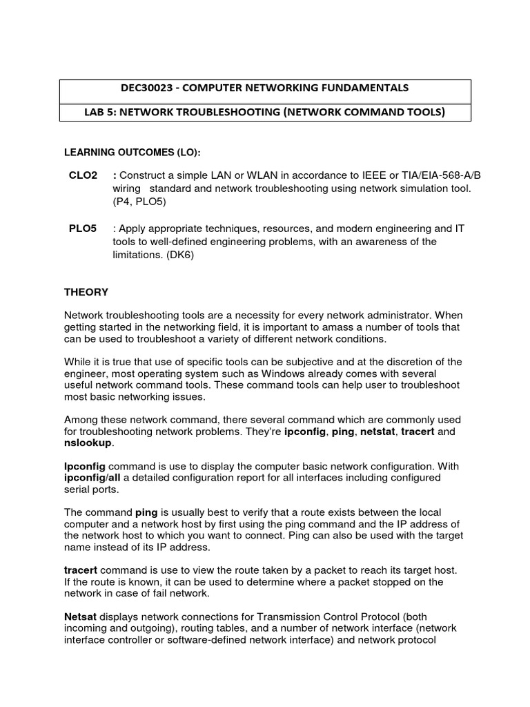 Dec30023 - Computer Networking Fundamentals Lab 5: Network Troubleshooting (Network Command ...