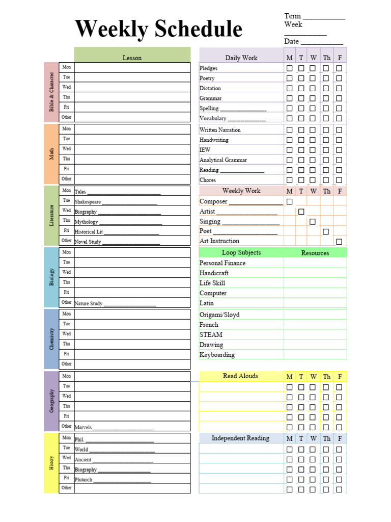 Weekly Homeschool Schedule Overview | PDF