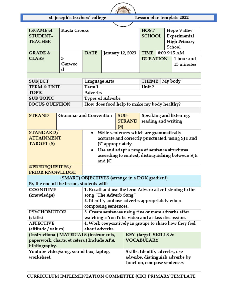 Adverbs Lesson Plan SJTC Jan 12, 2023 3 Nugents (Evaluated) | PDF ...