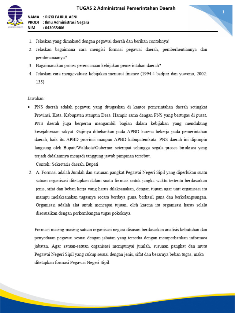 Rizki Fajrul Aeni 043055406 t2 Administrasi Pemerintahan Daerah | PDF