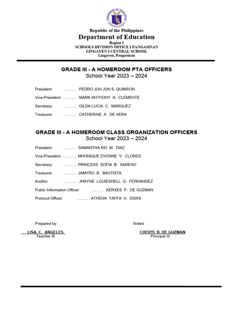 Grade III-A Homeroom PTA Officers List | PDF