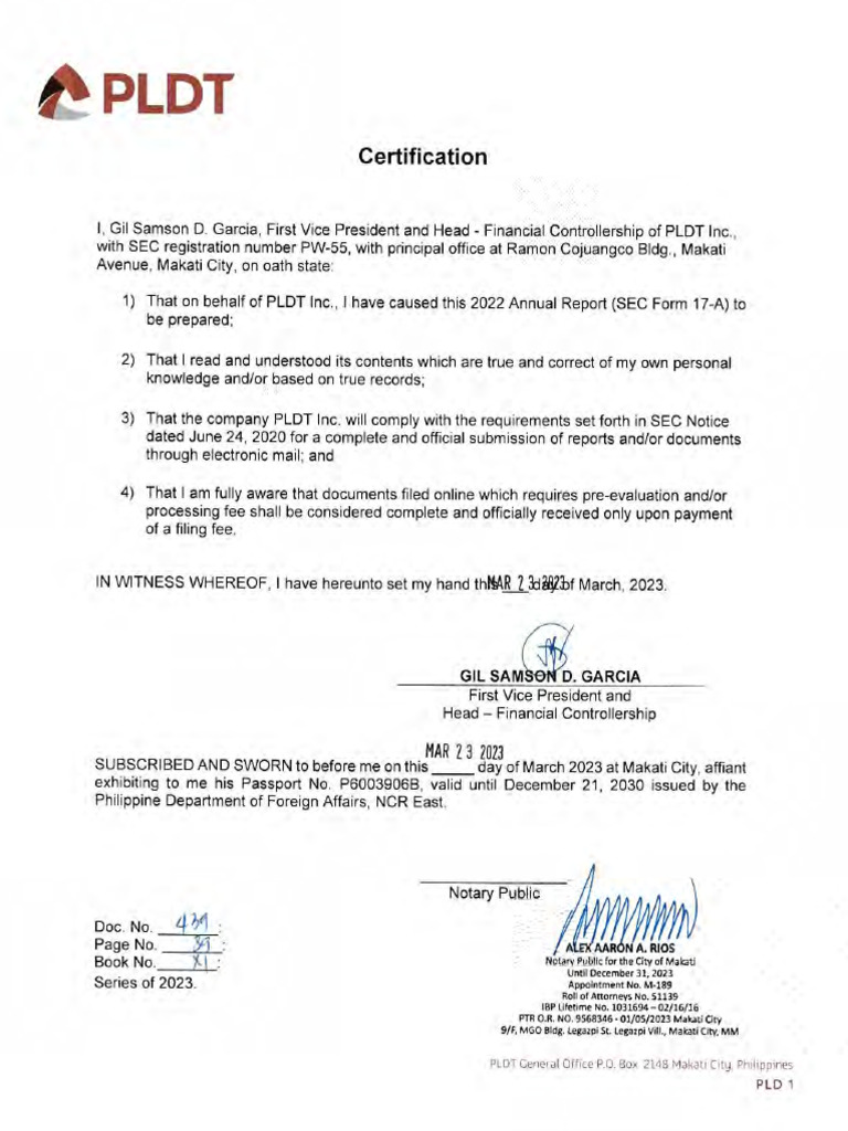 PLDT Inc 2022 Sec Form 17a 27march2023 | PDF