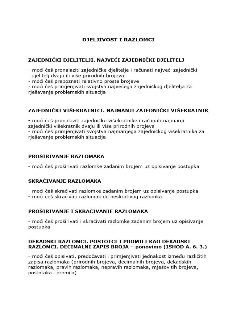 Ishodi Učenja - Djeljivost I Razlomci | PDF